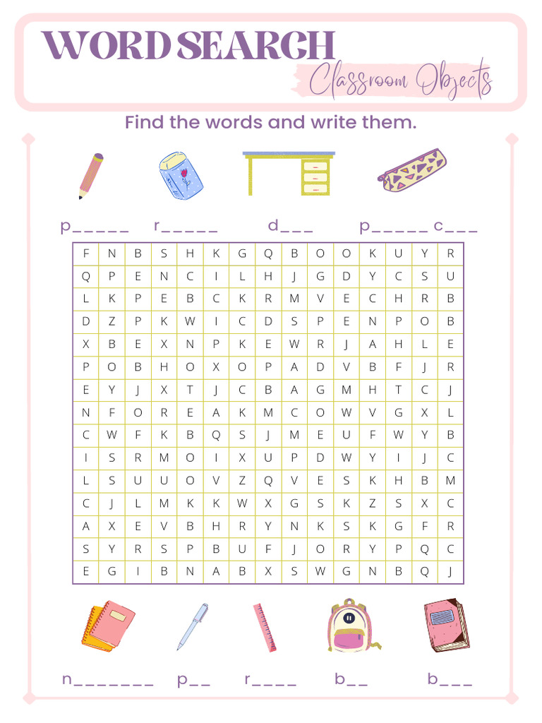 Illustrative Classroom Objects Word Search English Puzzle | PDF