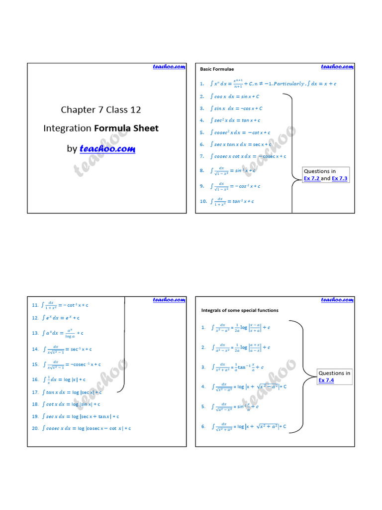 Chapter 7 Class 12 Integration Formula Sheet by Teachoo | PDF ...