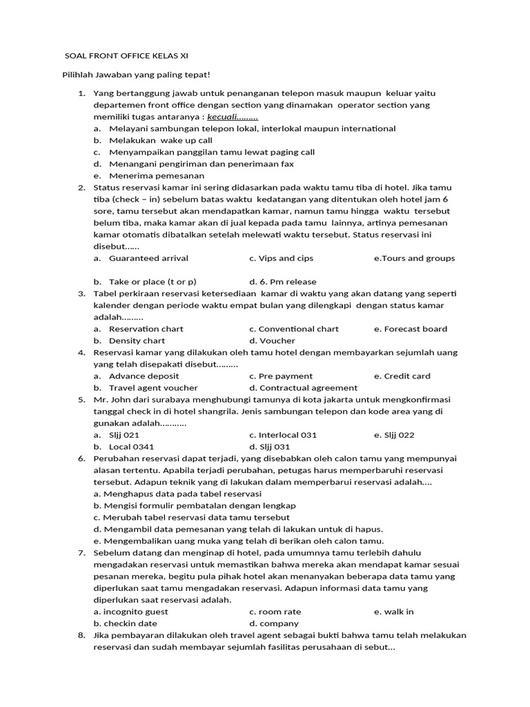 Latihan Soal Front Office Kelas Xi | PDF Latihan Soal Front Office Kelas Xi | PDF