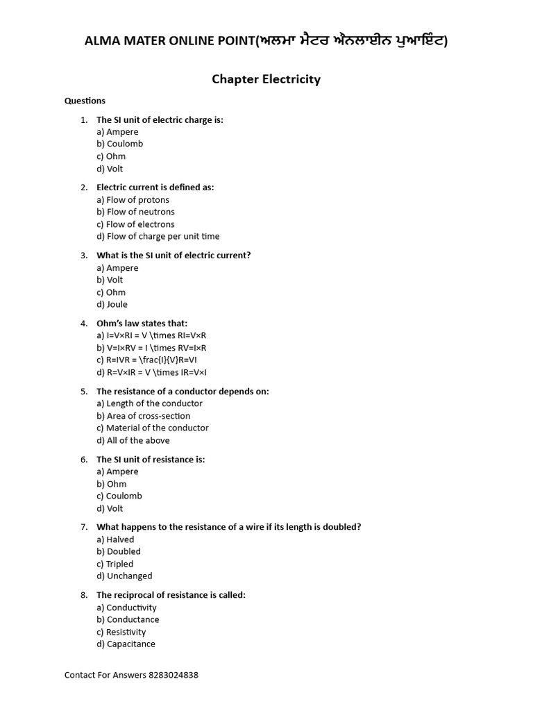 Chapter Electricity Solved | PDF | Electrical Resistance And Conductance | Electric Current