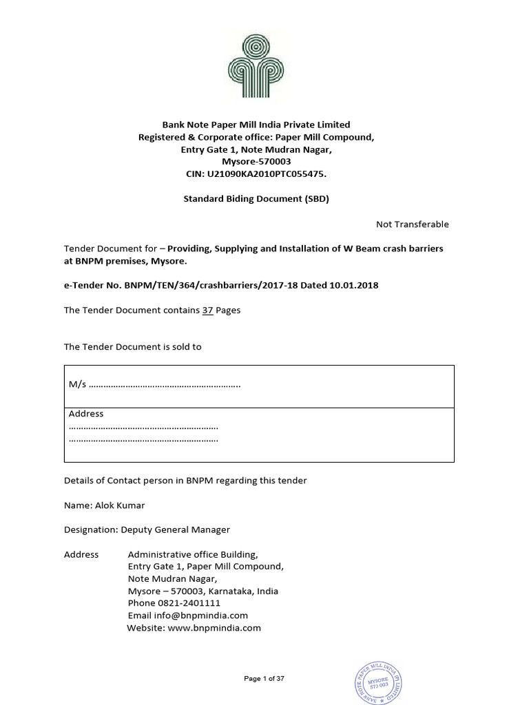 E-Tender Document W Beam Crash Barrier | PDF | Specification (Technical Standard) | Taxes