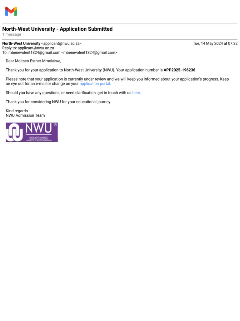 Gmail - North-West University - Application Submitted | PDF
