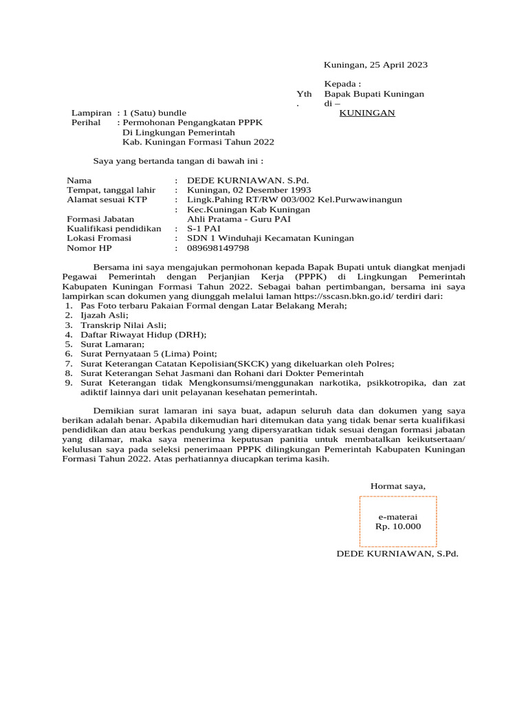 FORMAT - SURAT - LAMARAN-PPPK-2022 Dede | PDF