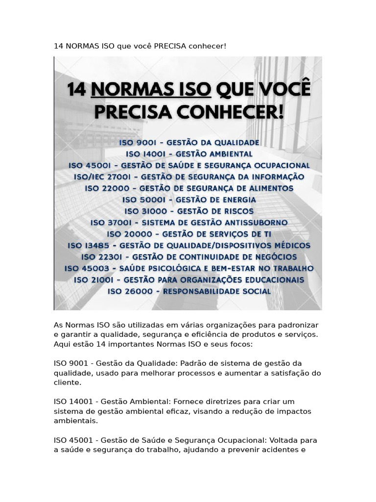 14 Normas ISO Essenciais para Organizações | PDF