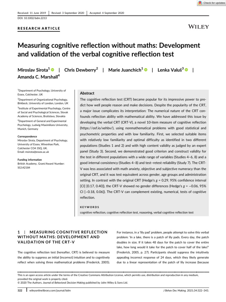 Behavioral Decision Making 2020 Sirota Measuring Cognitive