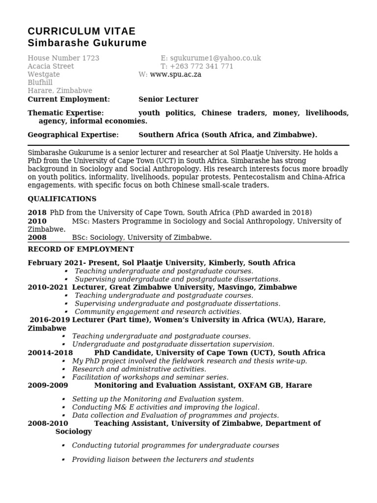 CV Simbarashe Gukurume Abridged | PDF | Thesis | Postgraduate Education