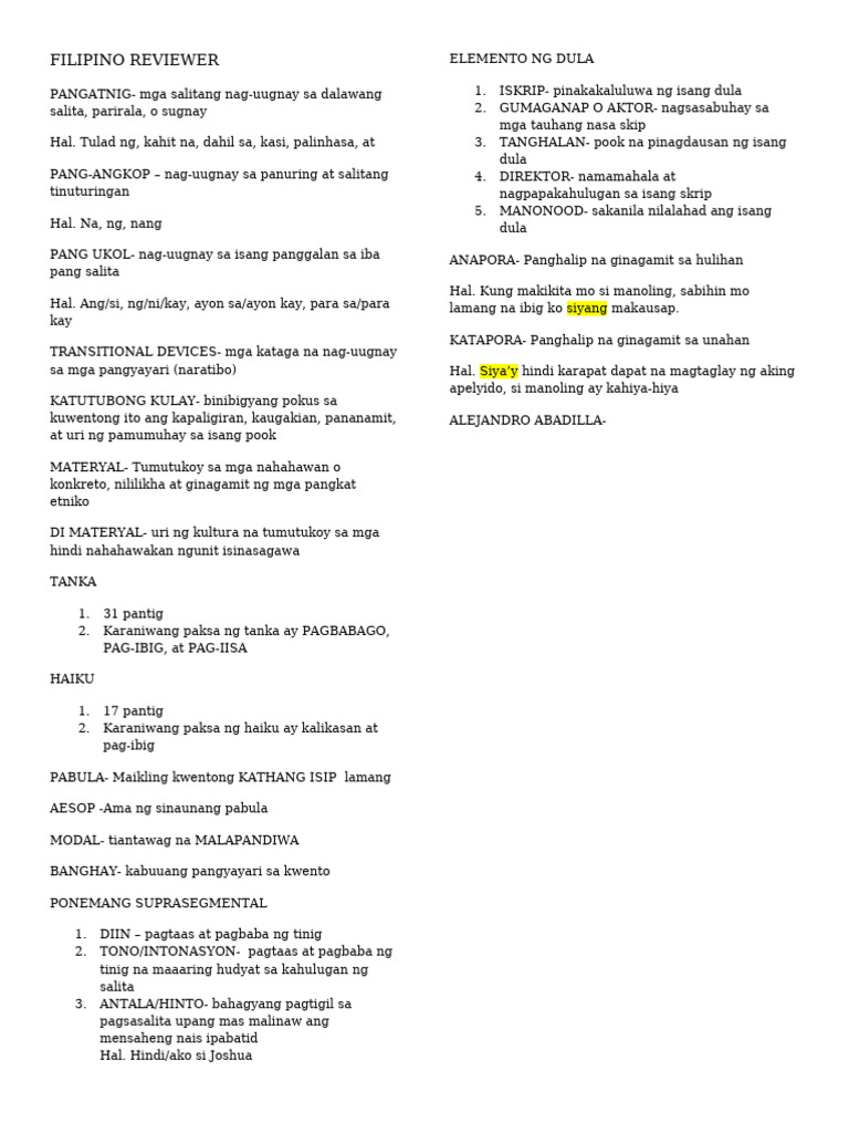 Filipino Reviewer | PDF