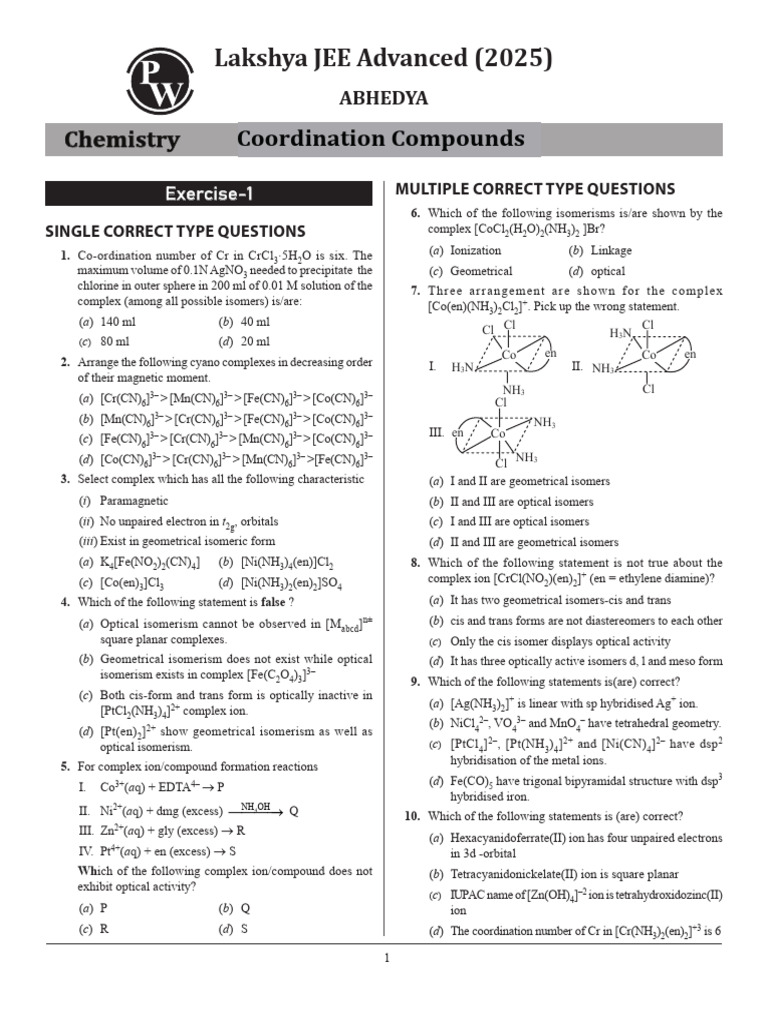 Coordination Compounds - JEE Advanced Practice Sheet - Lakshya JEE 2025 | PDF | Coordination ...
