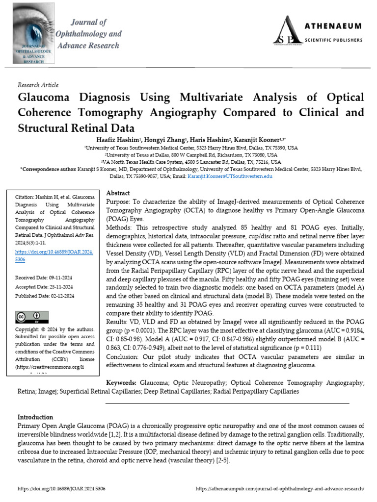 Glaucoma Diagnosis Using Multivariate Analysis of Optical Coherence Tomography Angiography ...