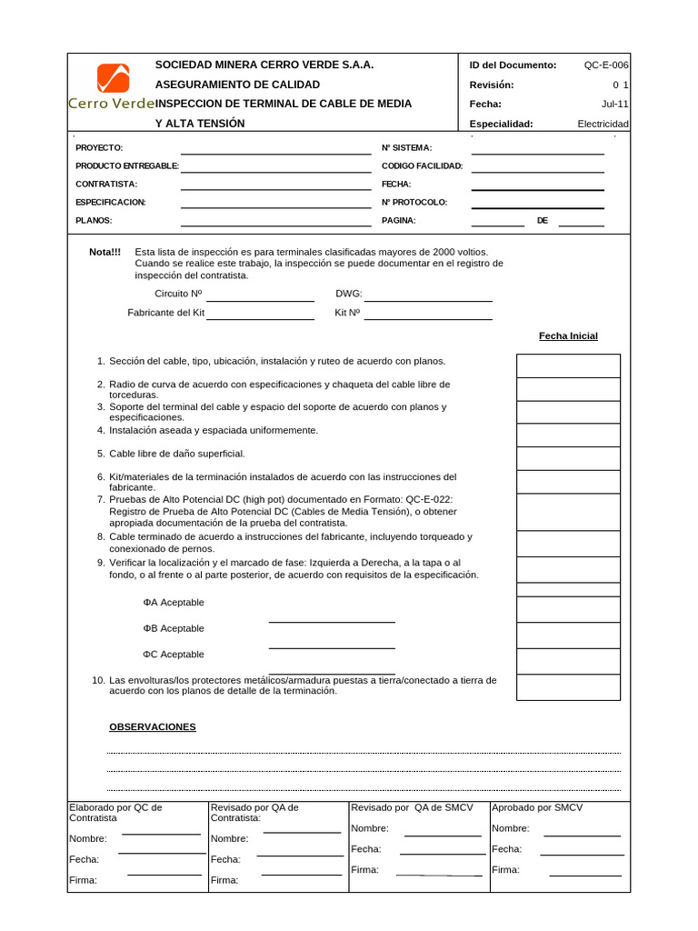 QC-E-006 Reg Pruebas de Terminal Cable de Medio y Alto Voltage - V1 | PDF | Ingenieria Eléctrica ...