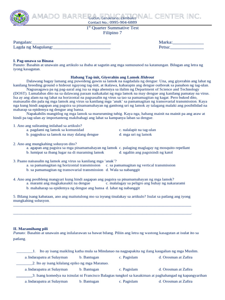 FILIPINO 7 First Quarter Examination | PDF