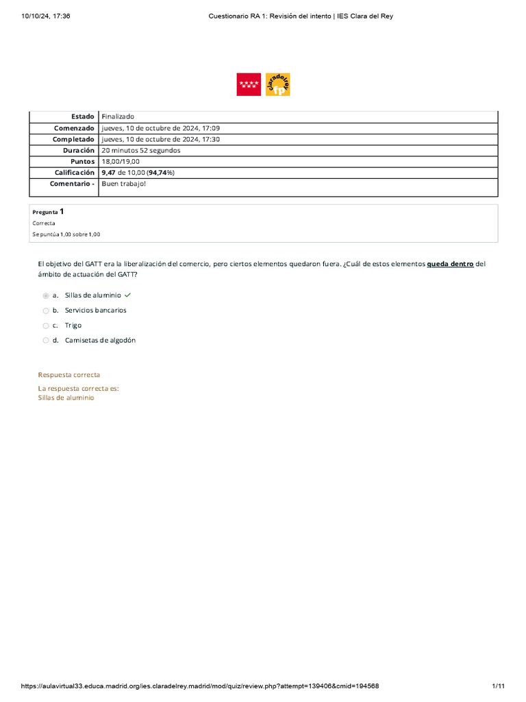 Cuestionario RA 1 - Revisión Del Intento - IES Clara Del Rey | PDF | Cuenta capital | Asociación ...
