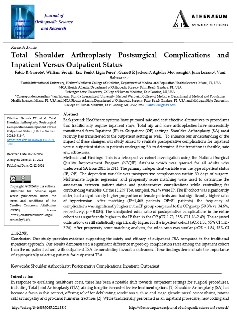 Total Shoulder Arthroplasty Postsurgical Complications and Inpatient ...