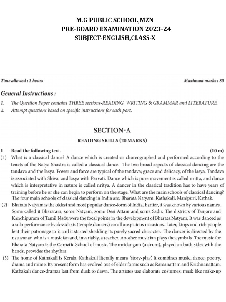 M G Public School Class X English Exam 2023 Pdf