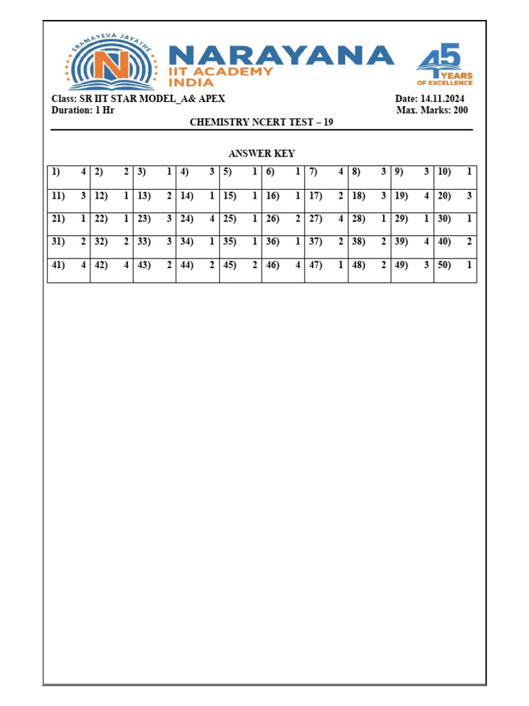 14-11-2024 - SR Iit Star Model - A&b - Chemistry - Ncert Test-19 - QP ...