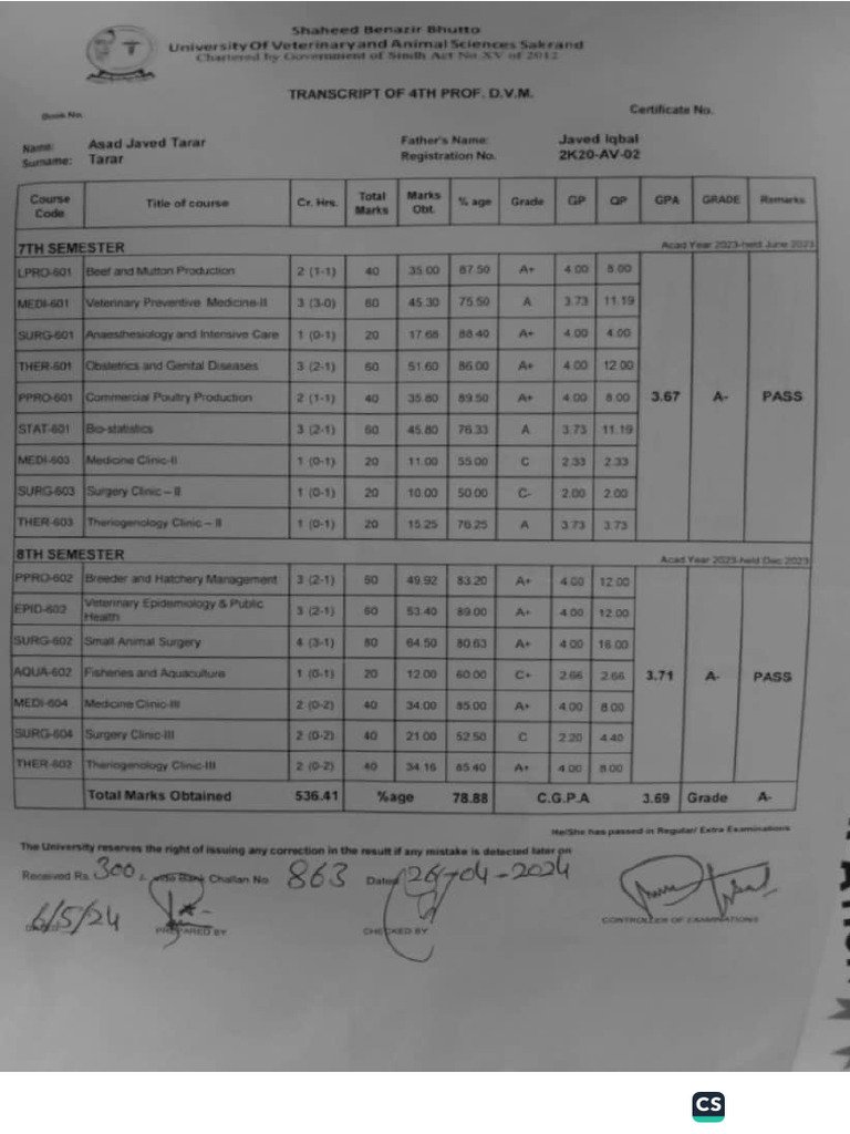4th Year Mark Sheet (DVM), Asad Javed Tarar | PDF 4th Year Mark Sheet (DVM), Asad Javed Tarar | PDF