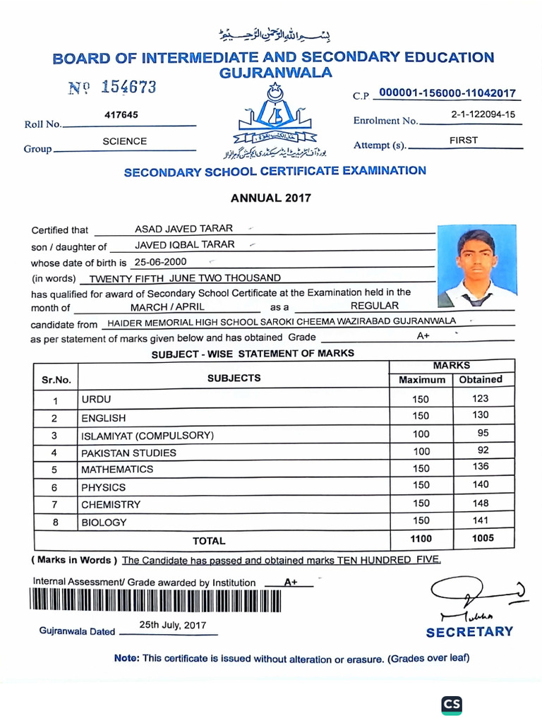 10th Pass Certificate, Awarded To Asad Javed Tarar | PDF
