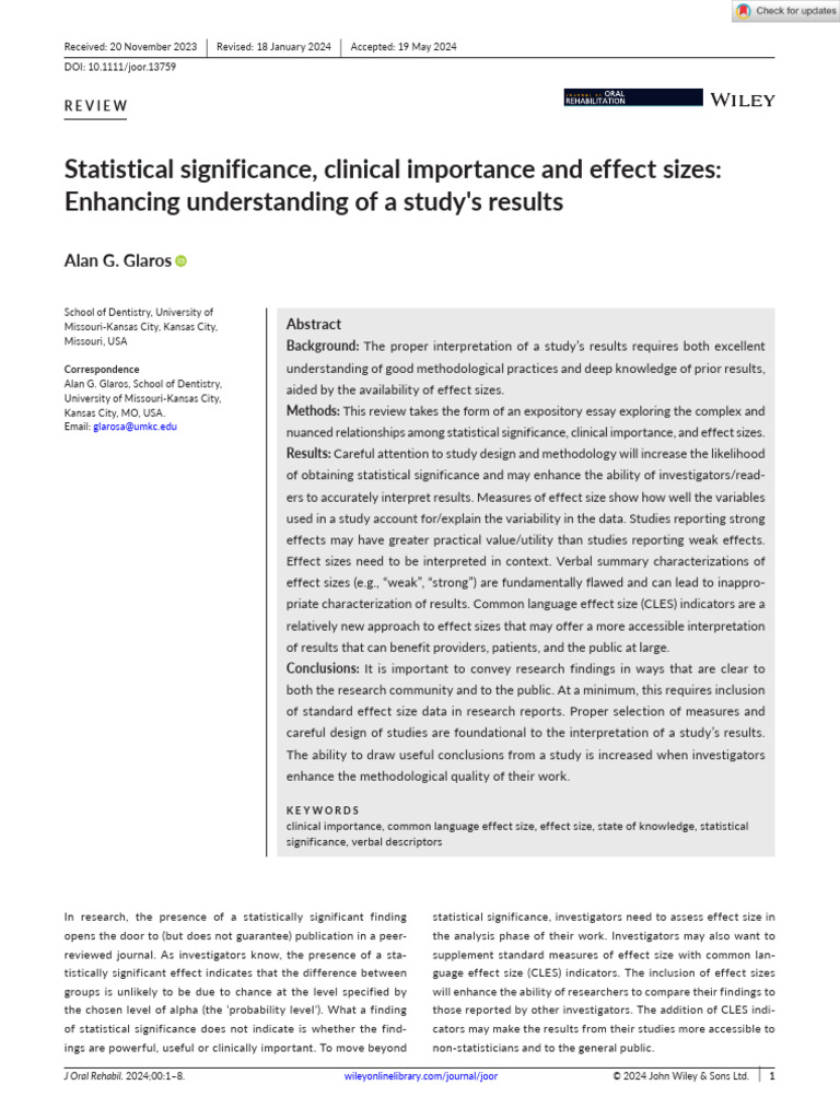 J of Oral Rehabilitation - 2024 - Glaros - Statistical Significance ... J of Oral Rehabilitation - 2024 - Glaros - Statistical Significance ...