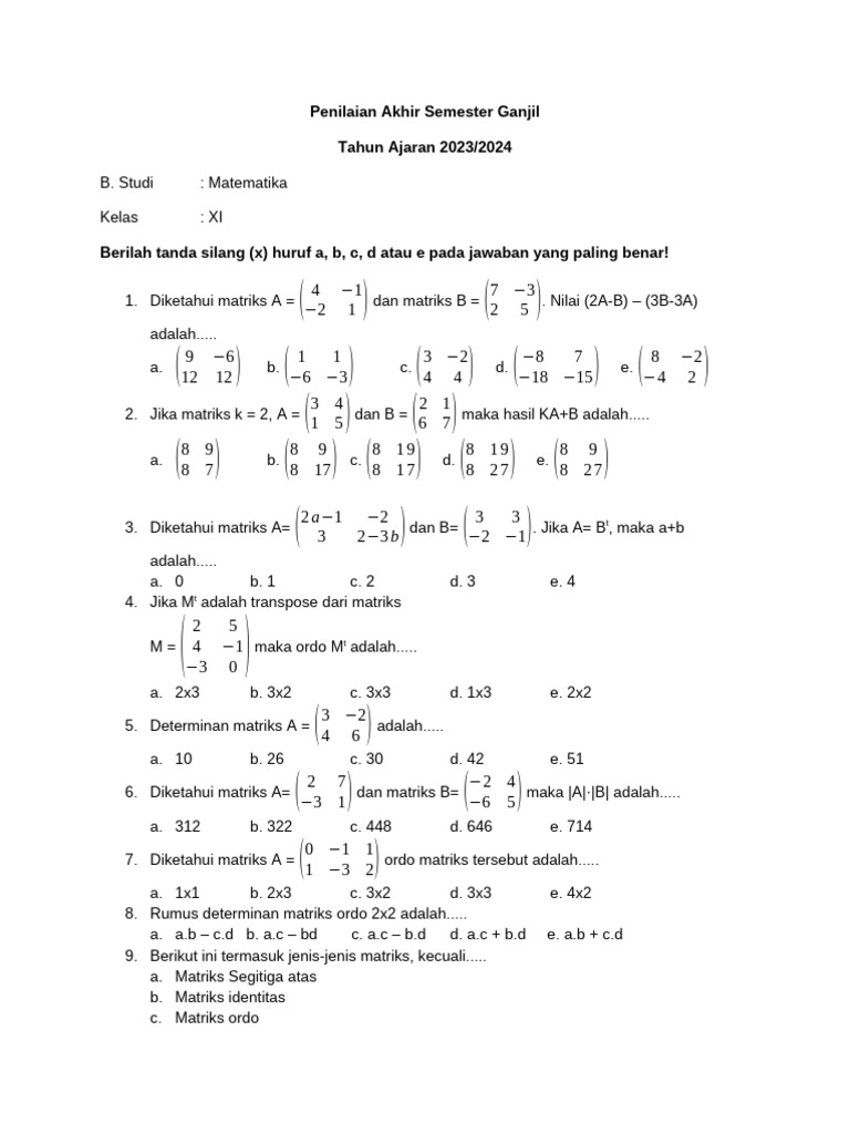 PAS 1 Kelas XI Matematika 2023 | PDF