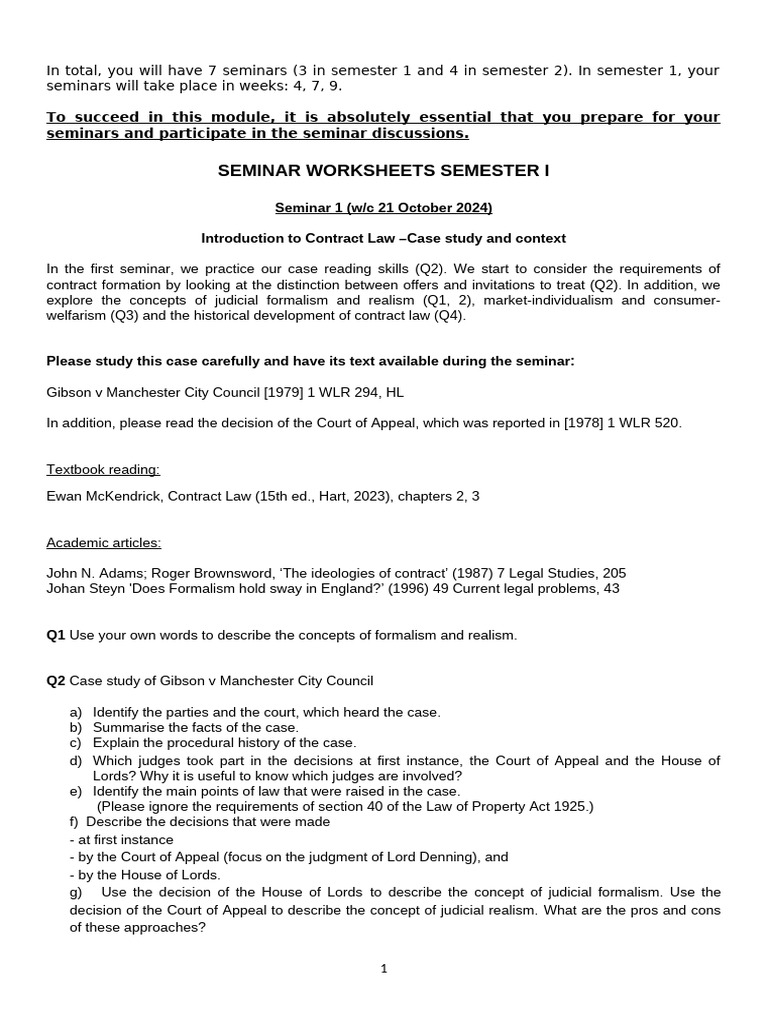 Contract Law Seminar Worksheet 1 | PDF | Appeal | Common Law