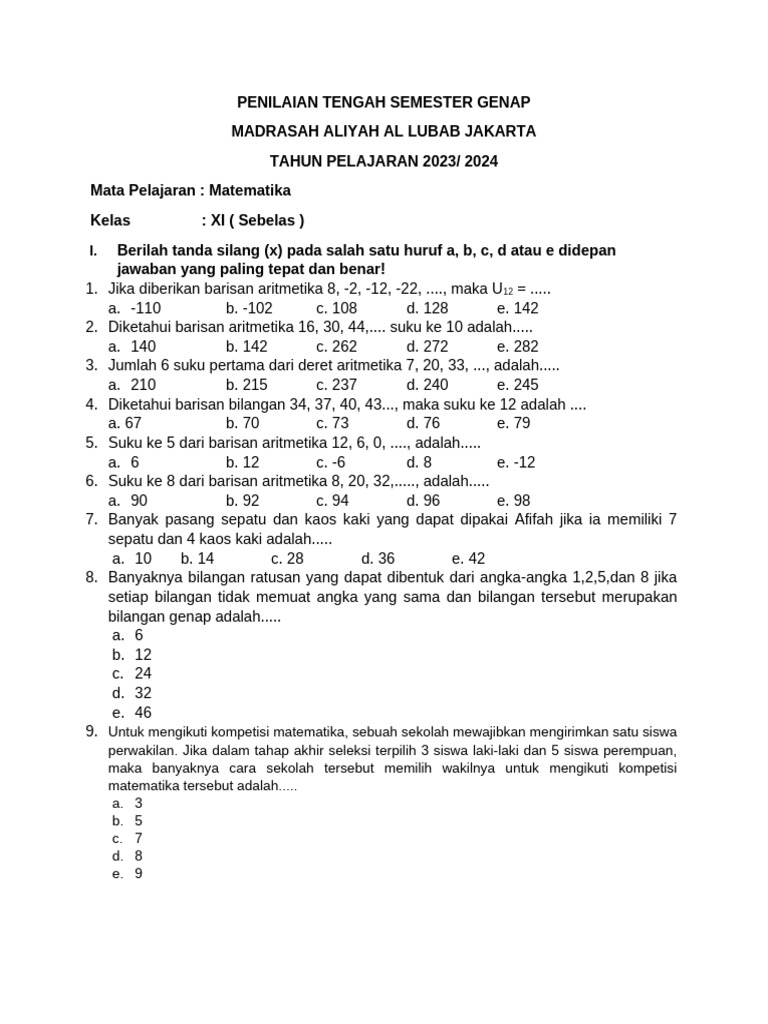 PTS MTK Kelas XI Semester 2 2023-2024 | PDF