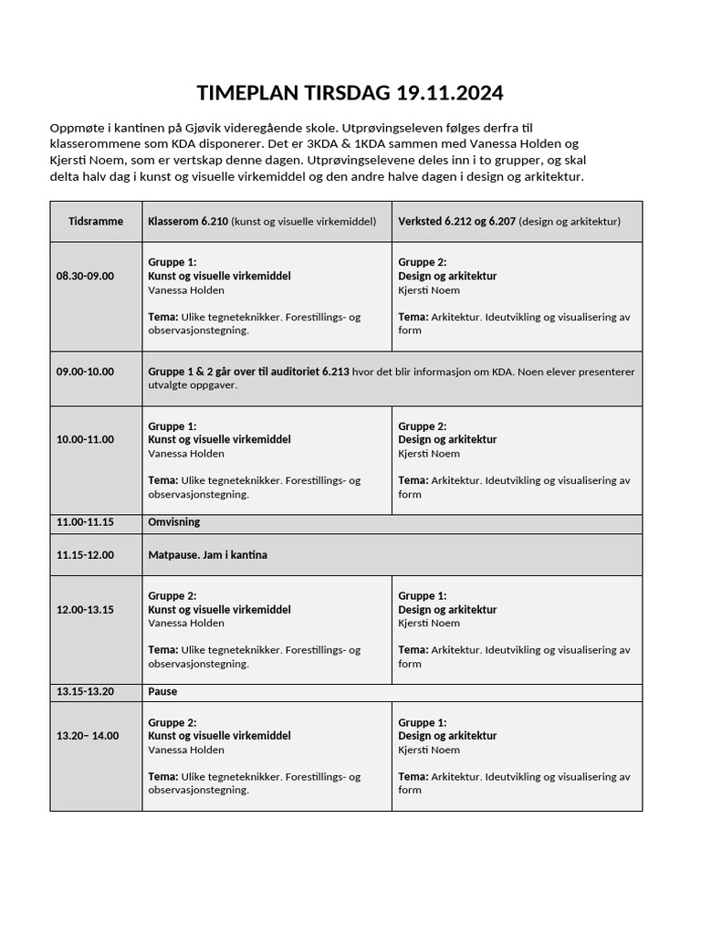Utprøving Timeplan Kda Tirsdag 19 Og Onsdag 20 November - 2024 | PDF