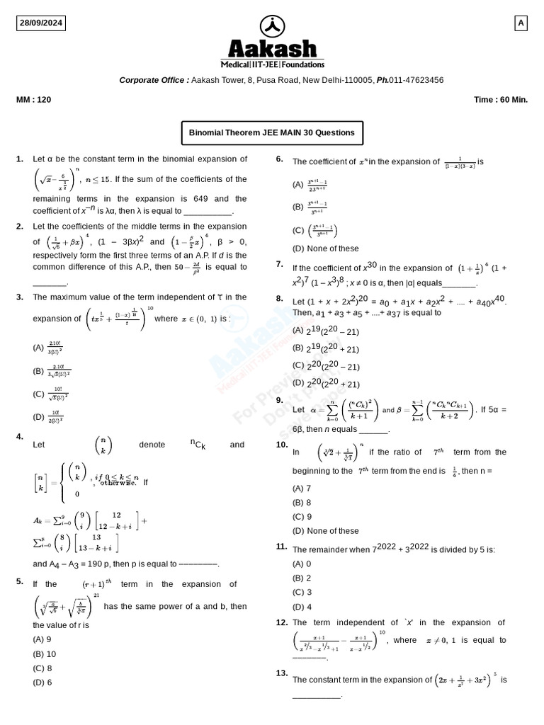 Binomial Theorem JEE MAIN 30 Questions | PDF | Combinatorics | Complex Analysis