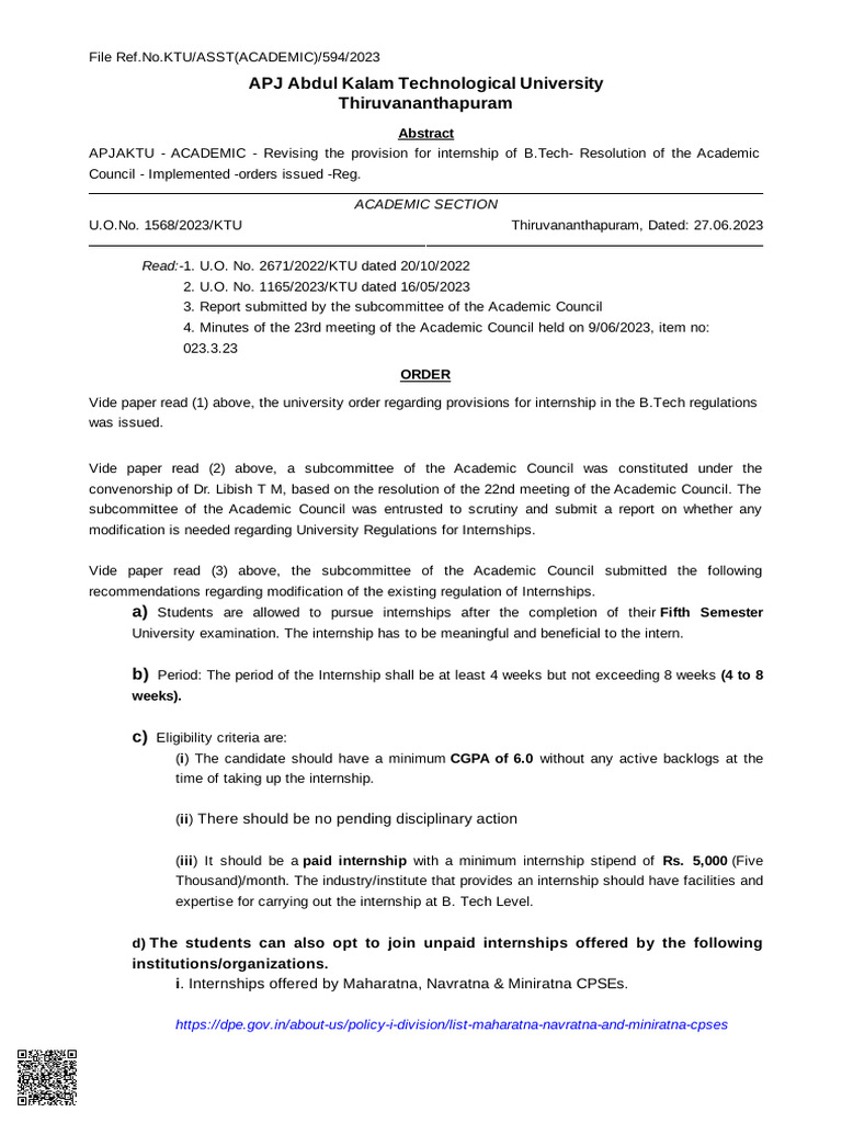 B.Tech Internship Rules Update 2023 | PDF