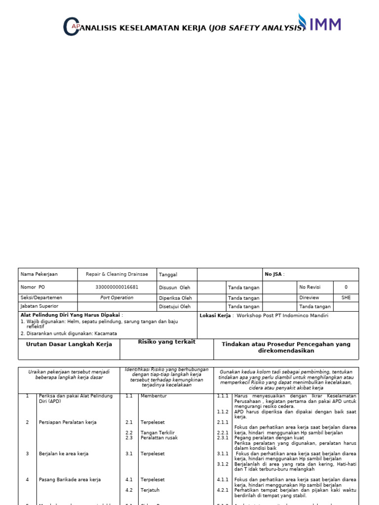 JSA Clean Up Drainase | PDF