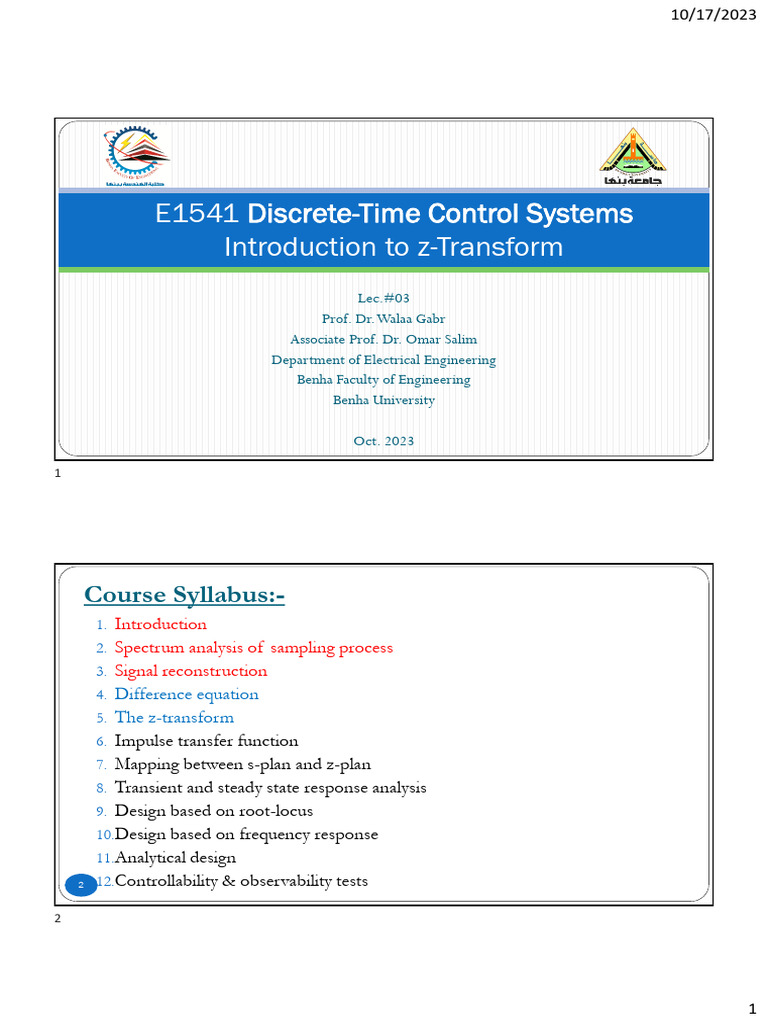 Lec#03 Introduction To Z-Transform | PDF | Laplace Transform | Mathematical Objects