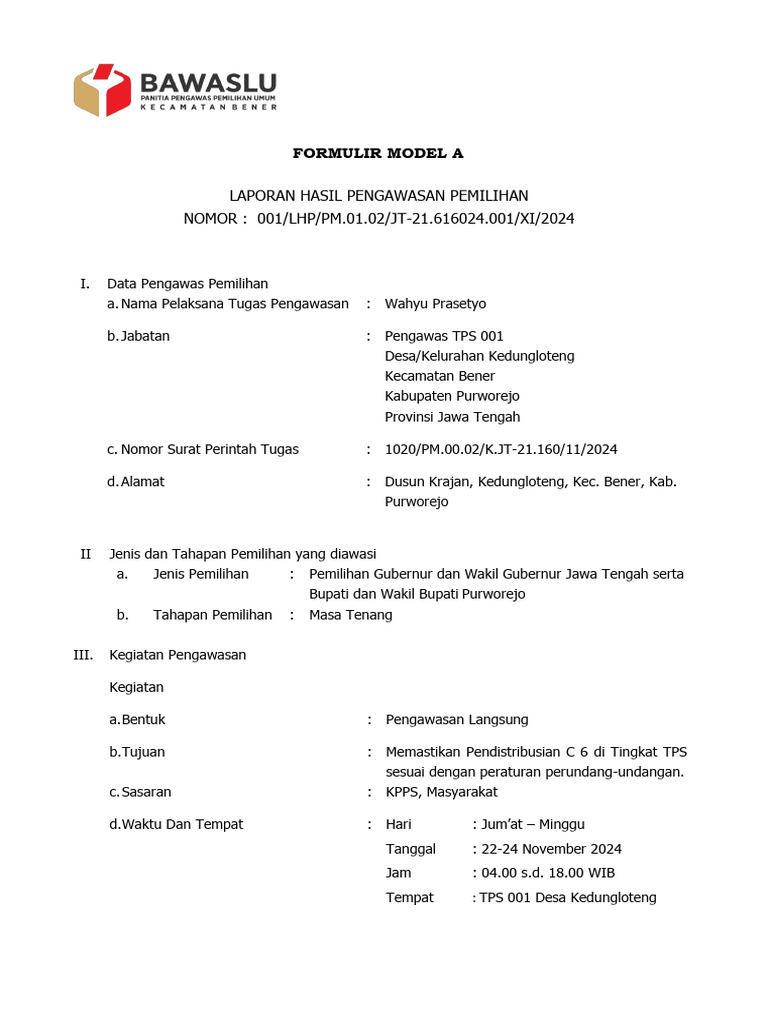 Form A Pengawasan Pilkada 2024 - (Pendistribusian C 6, 24-11-2024) | PDF