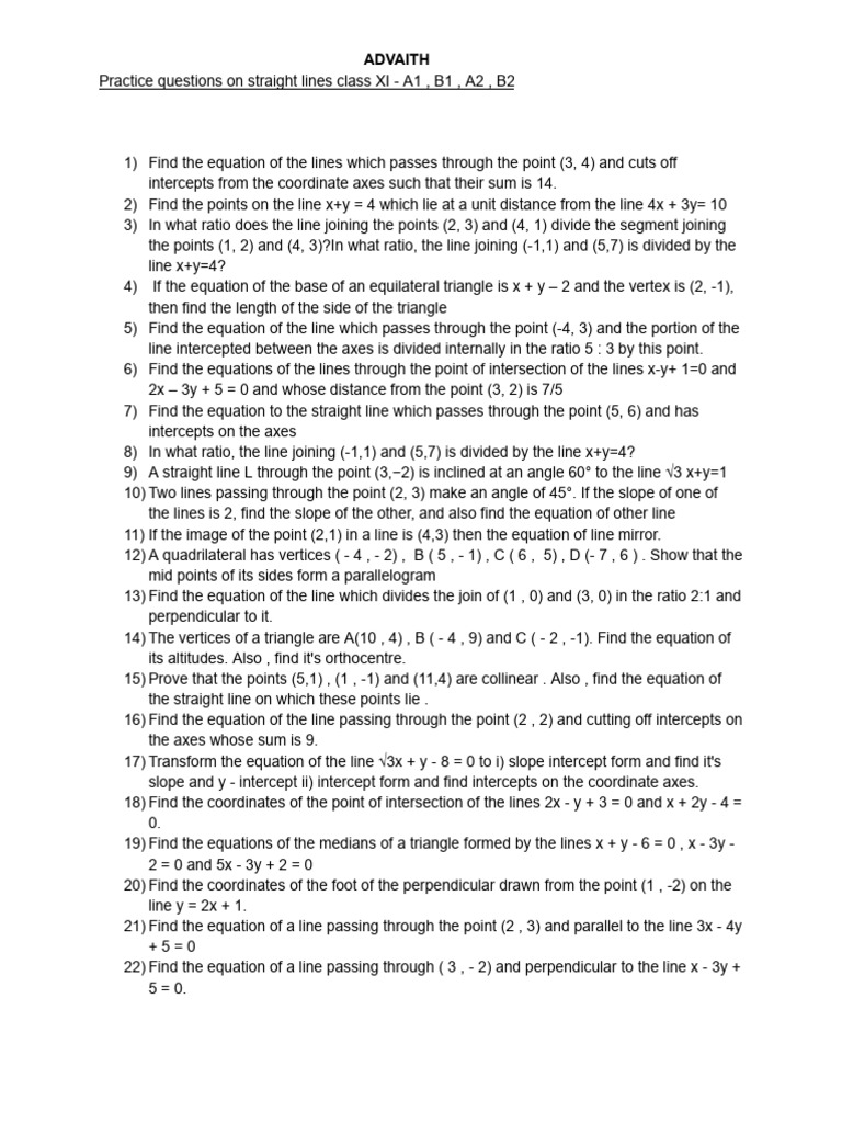 StraightLines PracticeQuestions | PDF | Line (Geometry) | Triangle