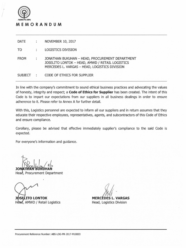 Abs-Log-Pr-2017-M10003 - Code of Ethics For Supplier - Internal Memo | PDF