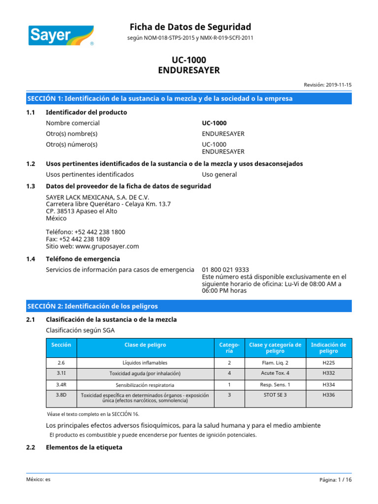 Ficha de Seguridad UC-1000 ENDURESAYER | PDF | Agua | Combustión