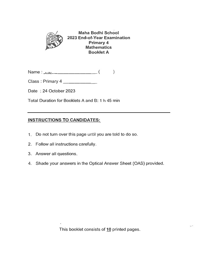 P4 Maths EOY 2023 MahaBodhi Exam Papers | PDF