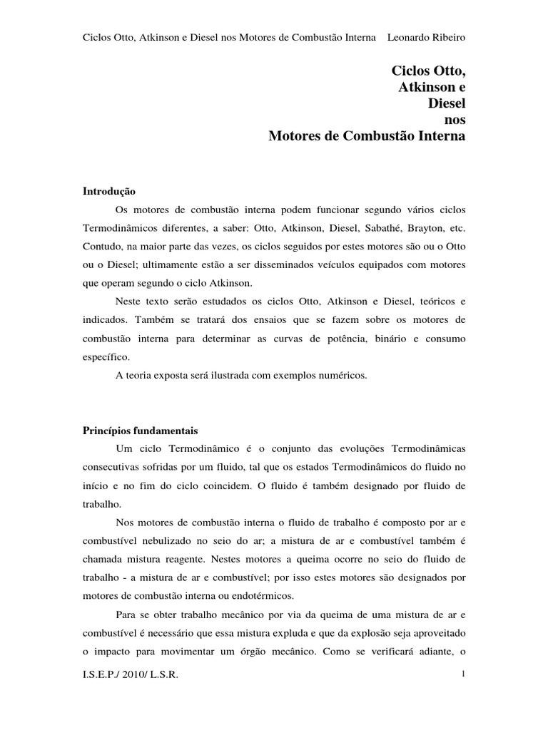 S1 - Ciclos Otto, Atkinson e Diesel Nos Motores de Combustão Interna ...