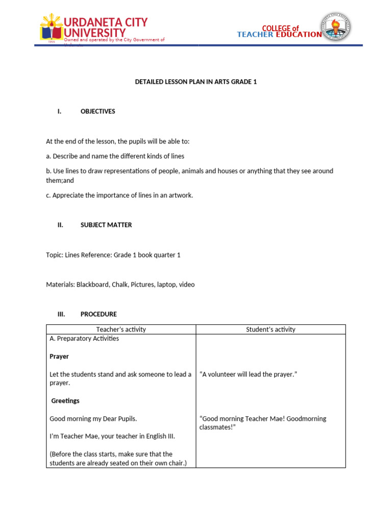 Grade 1 Arts Lesson Plan: Lines | PDF