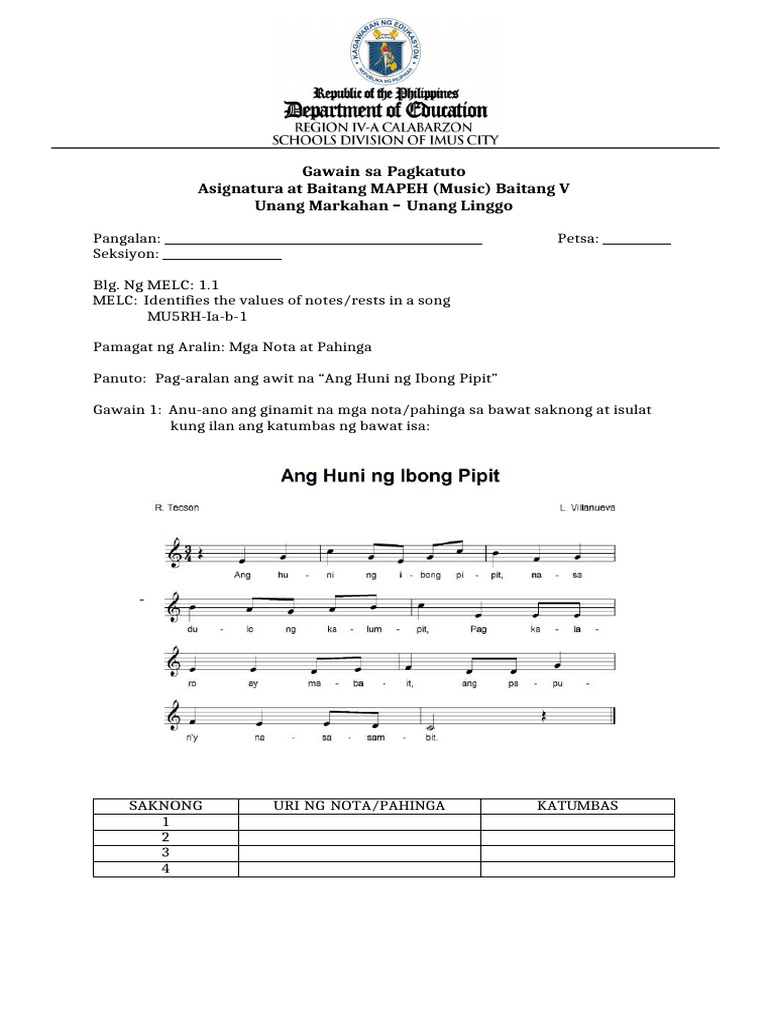 Music G5 Q1 W1 LAS | PDF