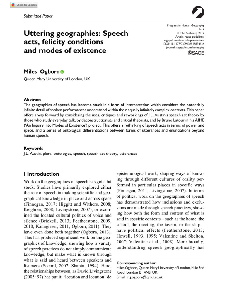 Uttering Geographies - Speech Acts, Felicity Conditions and Modes of ...
