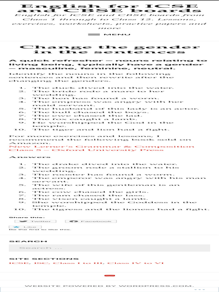 Change Gender in Sentences Worksheet | PDF