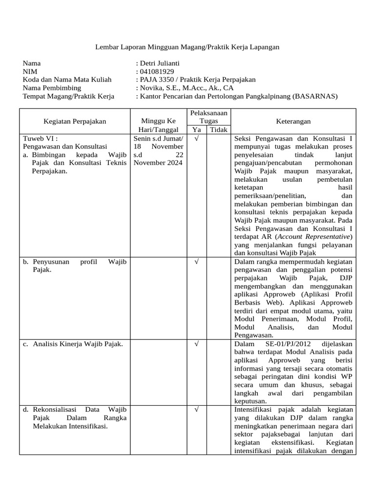 Tuweb Vi Lembar Laporan Mingguan Magang | PDF