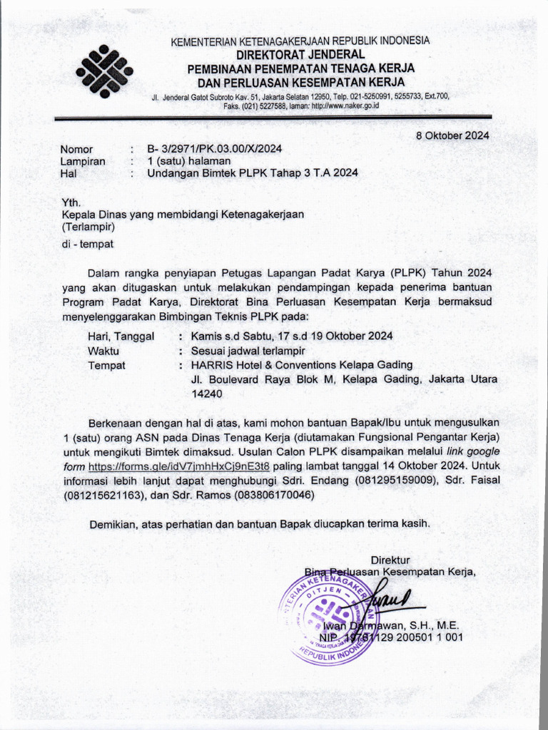 Undangan Bimtek PLPK Tahap 3 Jakarta (17-19 Okt 2024) | PDF
