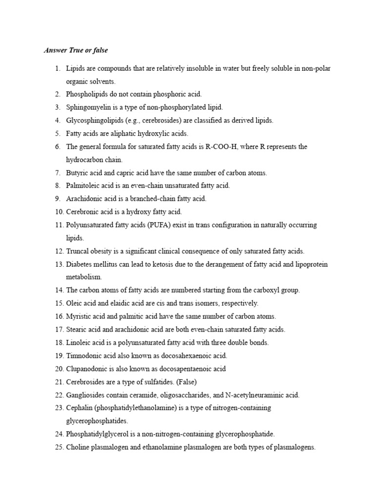 CHEMISTRY OF LIPIDS (MCQS) | PDF | Fatty Acid | Lipid