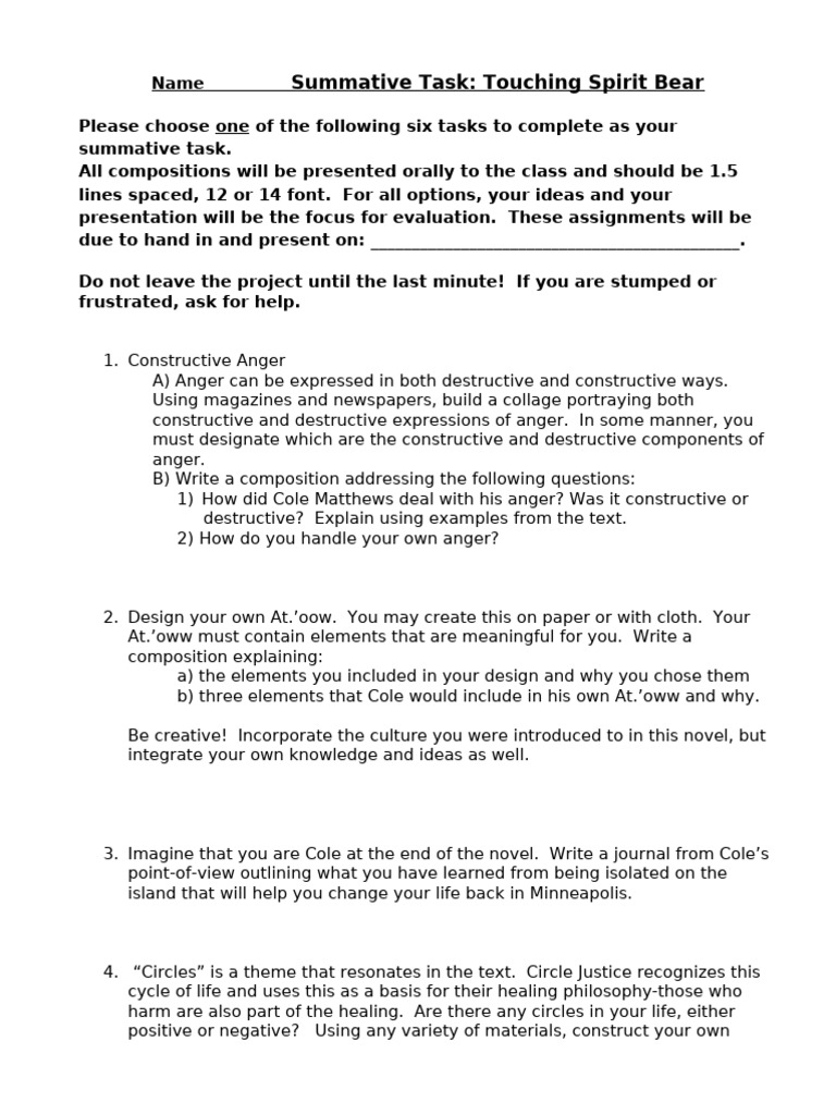 Touching Spirit Bear Summative - Task - Choices | PDF | Psychology | Cognitive Science