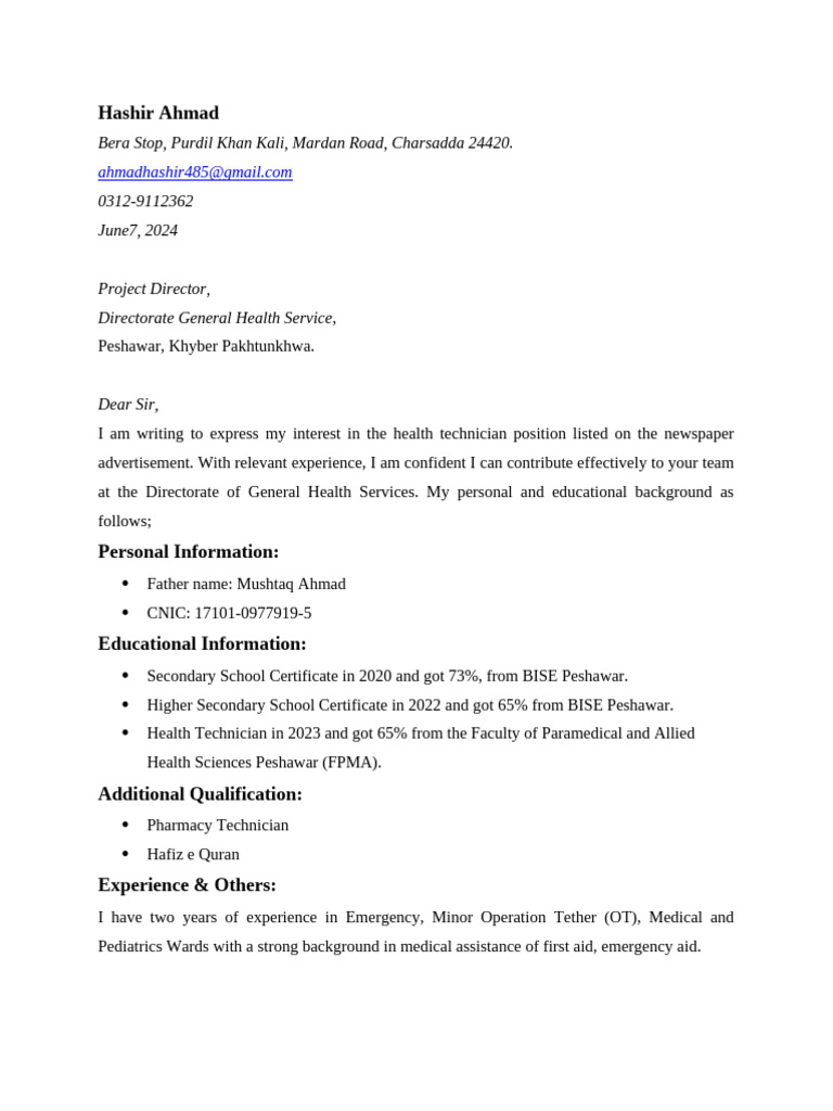 Application Hashir Ahmad | PDF