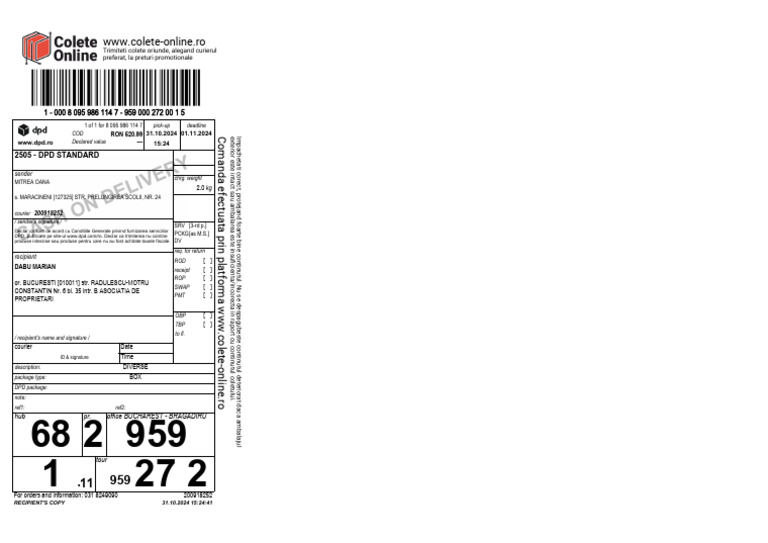 Awb Colete Online 31102024 DPD 80959861147 A4 | PDF