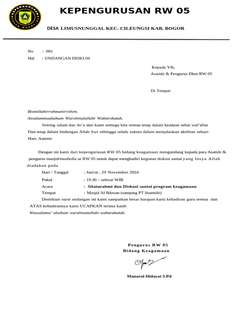 Undangan Rapat Diskusi Asatidz & Pengurus DKM RW 05 | PDF