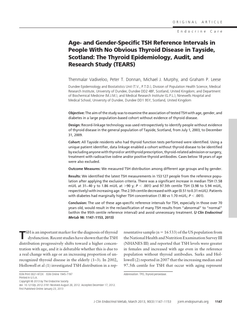 Age-Gender-Specific TSH Reference Intervals in People With No Obvious ...