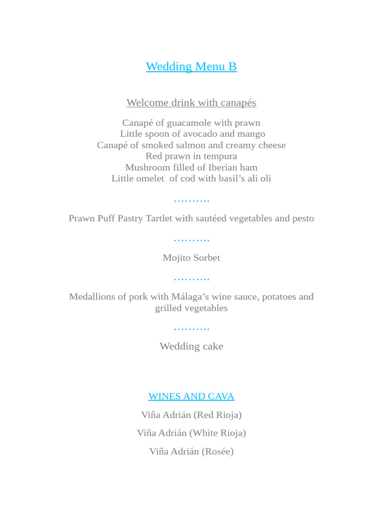 Elegant Wedding Menu with Canapés & Wines | PDF