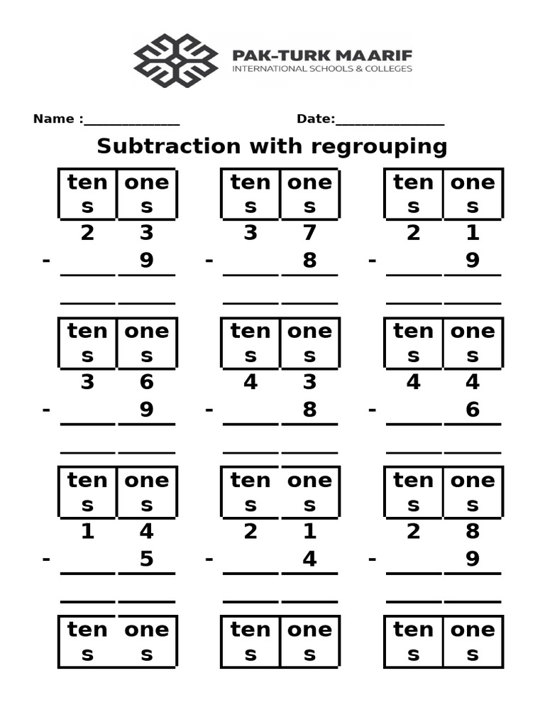Subtraction With Regrouping Worksheet | PDF
